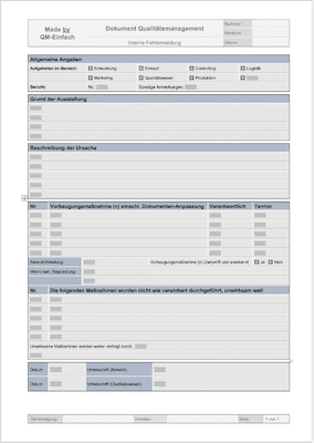 Formular Vorlage interne Fehlermeldung I ISO 9001 I NEU Word