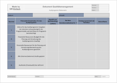 Vorlage Auditprogramm-Risikomatrix I NEU I ISO 9001